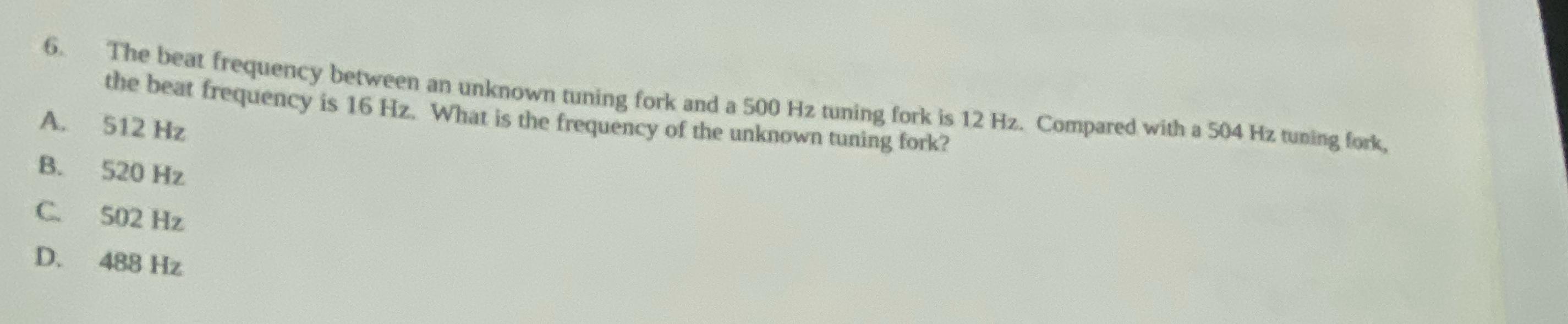 Solved The beat frequency between an unknown tuning fork and | Chegg.com
