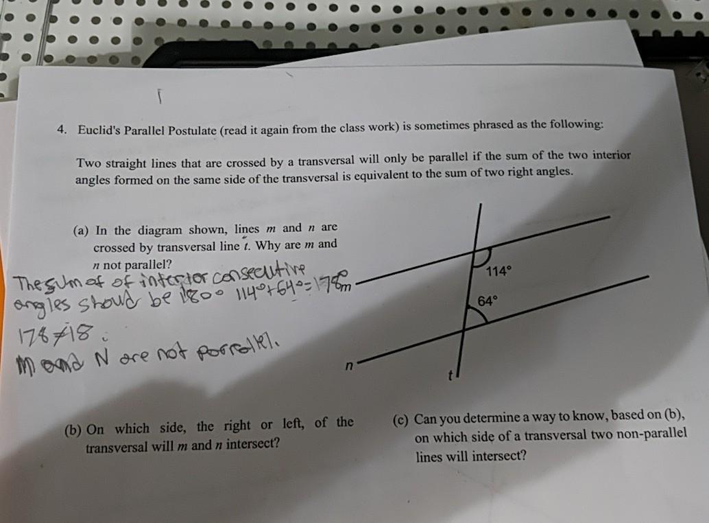 Solved 4. Euclid's Parallel Postulate (read it again from | Chegg.com