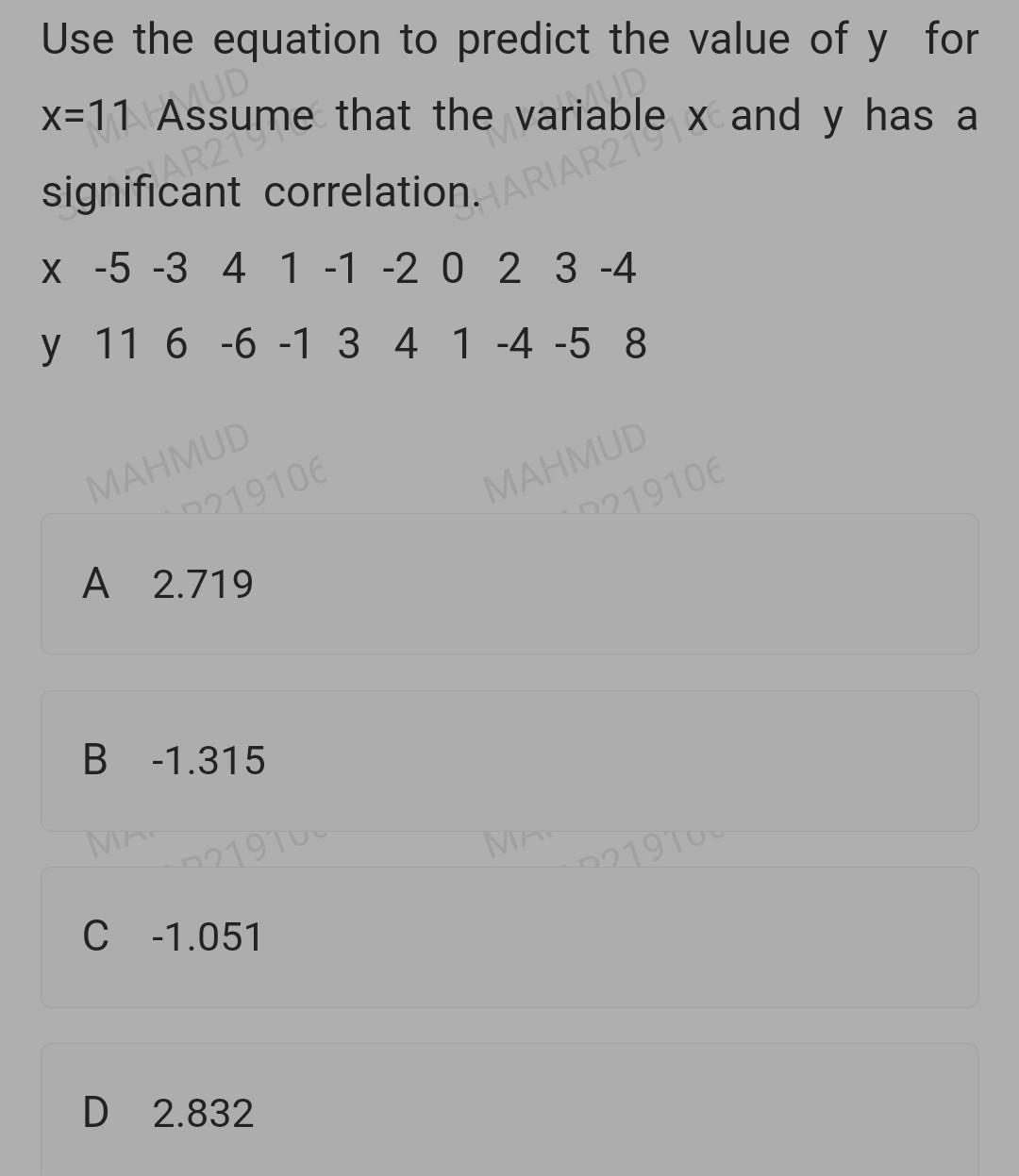 Solved Use the equation to predict the value of y for x=11 | Chegg.com