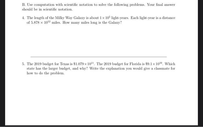 Solved B. Use computation with scientific notation to solve | Chegg.com
