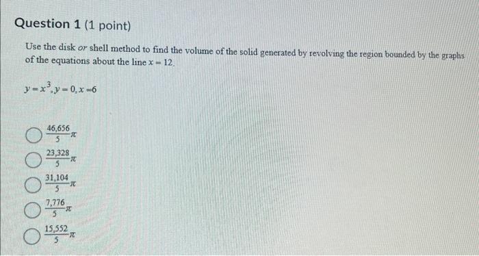 Solved Use the disk or shell method to find the volume of | Chegg.com