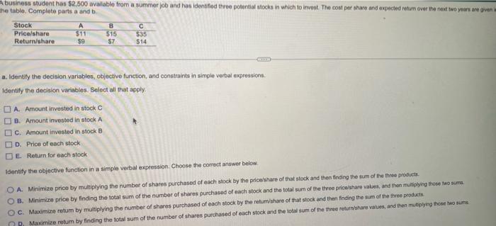 Solved a. Identify the decision variables, objective | Chegg.com Solved a. Identify the decision variables, objective | Chegg.com
