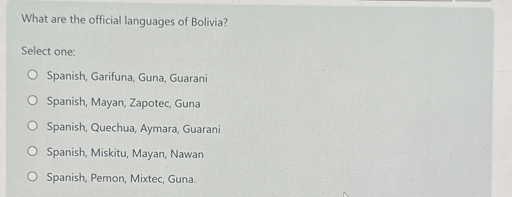 Solved What are the official languages of Bolivia?Select | Chegg.com