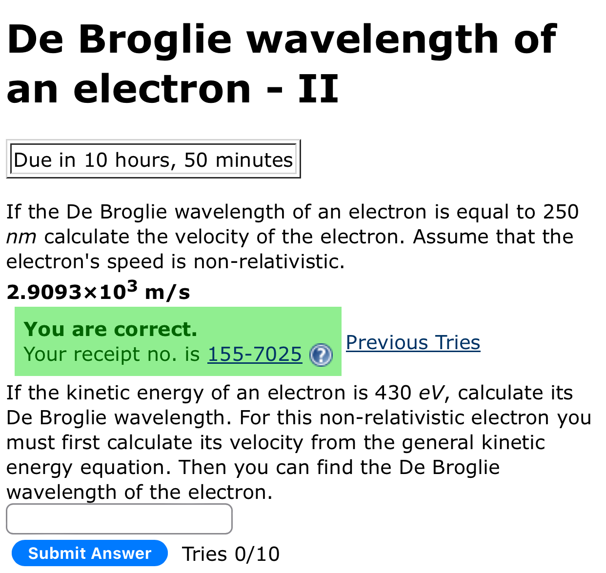 Solved De Broglie wavelength of an electron - ﻿IIIf the De | Chegg.com