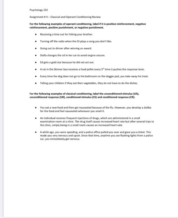 Solved Psychology 232 Assignment # 4 - Classical and Operant | Chegg.com