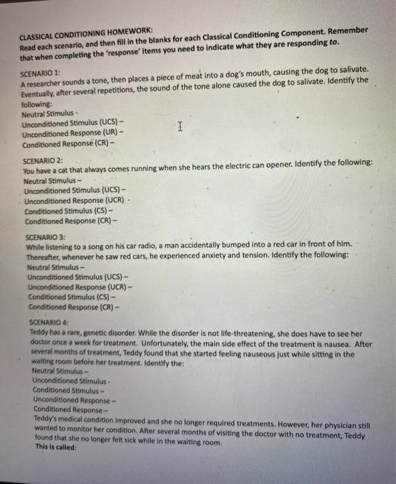 Solved CLASSICAL CONDITIONING HOMEWORK: Read each scenario, | Chegg.com