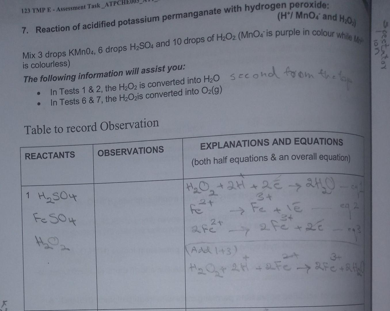 Solved PROCEDURE: 1. Reaction of acidified hydrogen peroxide | Chegg.com