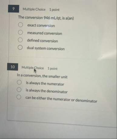 Solved Multiple Choice 1 ﻿pointThe conversion 946mU ?qt, ﻿is | Chegg.com