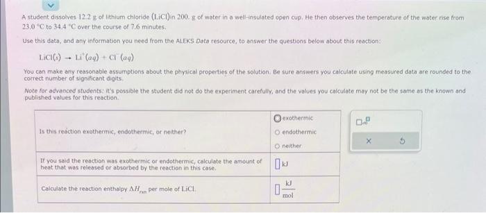 Solved A student dissolves 12.2 g of lithium chloride (LiCl) | Chegg.com