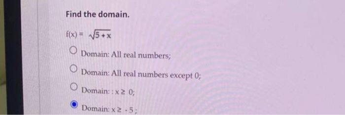 Solved Find the domain. f(x)=5+x Domain: All real numbers; | Chegg.com