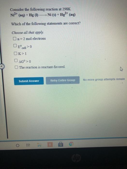Solved Consider the following reaction at 298K. Ni2+ (aq) + | Chegg.com