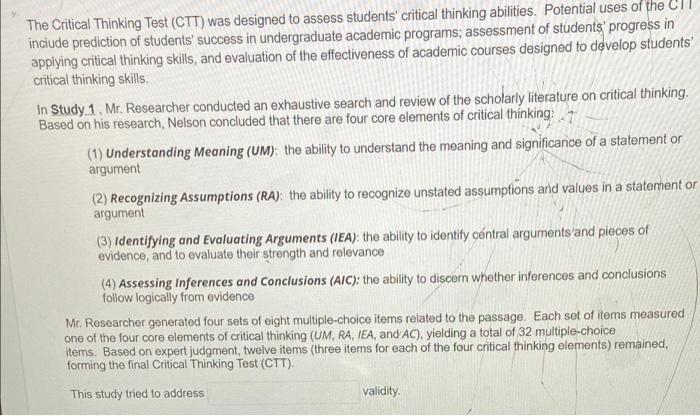Solved The Critical Thinking Test (CTT) was designed to | Chegg.com