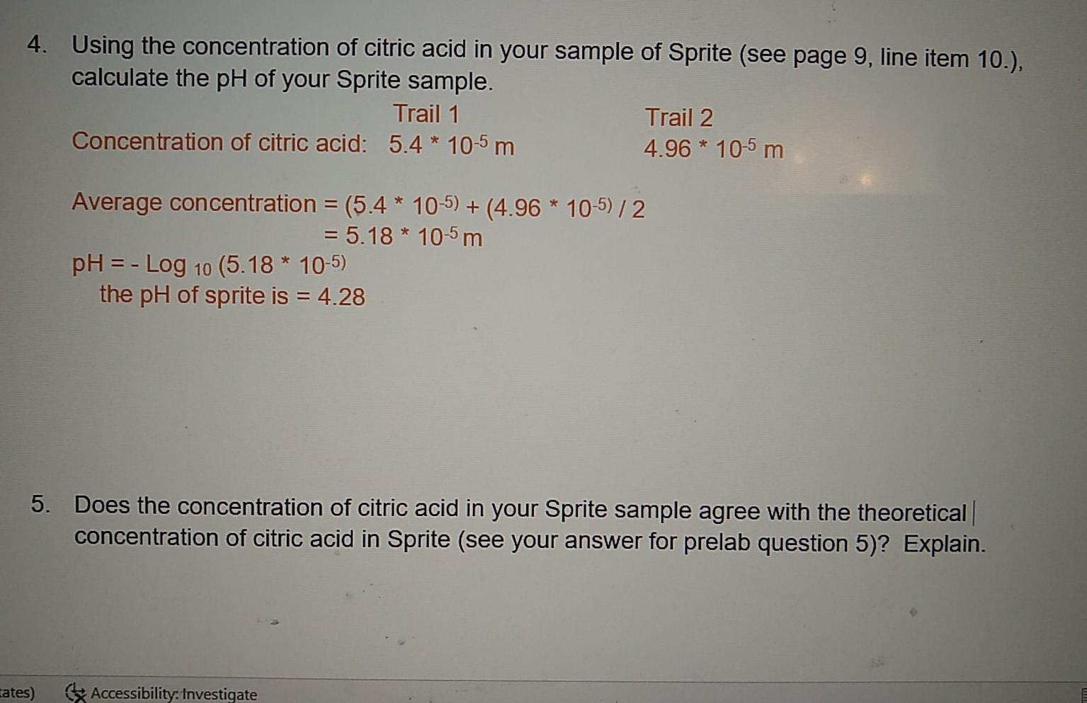 Solved 4. Using the concentration of citric acid in your | Chegg.com