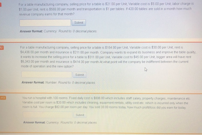 Solved For a table manufacturing company, selling price for | Chegg.com