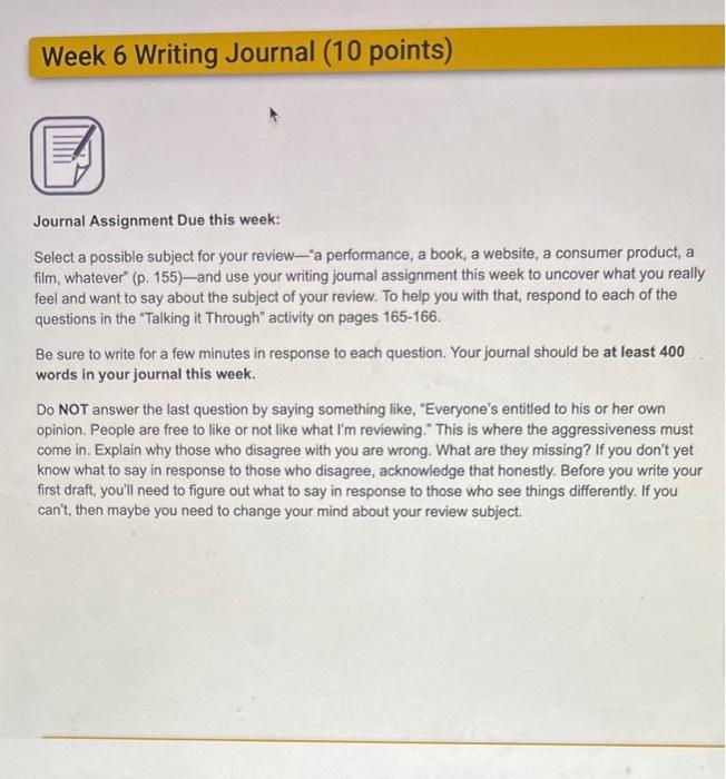 Week 6 Writing Journal ( 10 points) Journal | Chegg.com