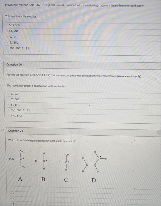 Solved Provide the reaction (SN1. SN2, E1, E2) that is most | Chegg.com