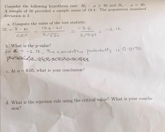 Solved Consider The Following Hypothesis Test Ho 20 And
