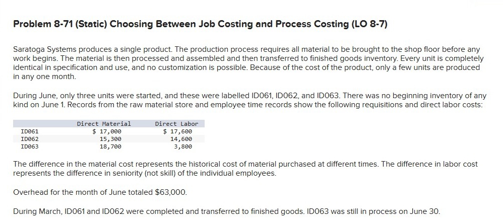 Solved Problem 8-71 (Static) ﻿Choosing Between Job Costing | Chegg.com