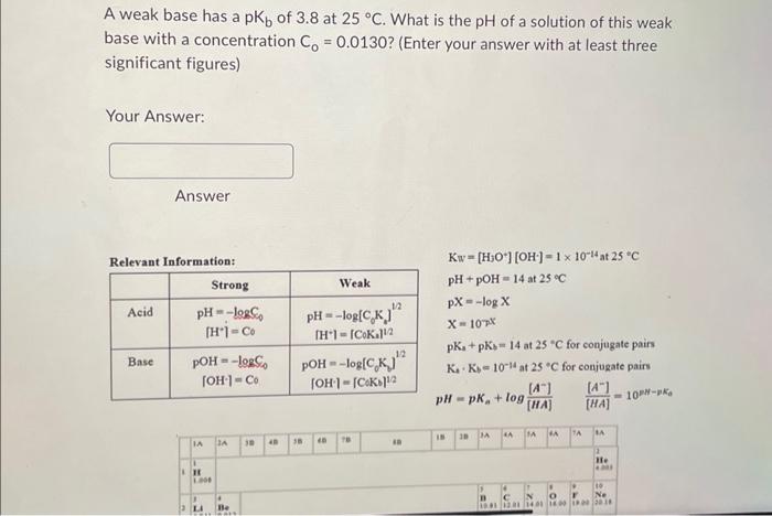 Solved A weak base has a pK of 3.8 at 25∘C. What is the pH | Chegg.com