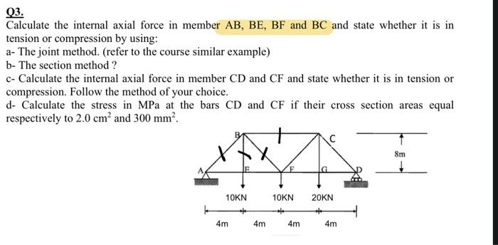 Solved Q3. Calculate the internal axial force in member | Chegg.com