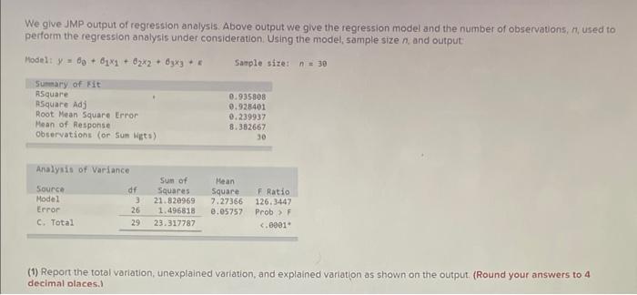 Solved We give JMP output of regression analysi5. Above | Chegg.com