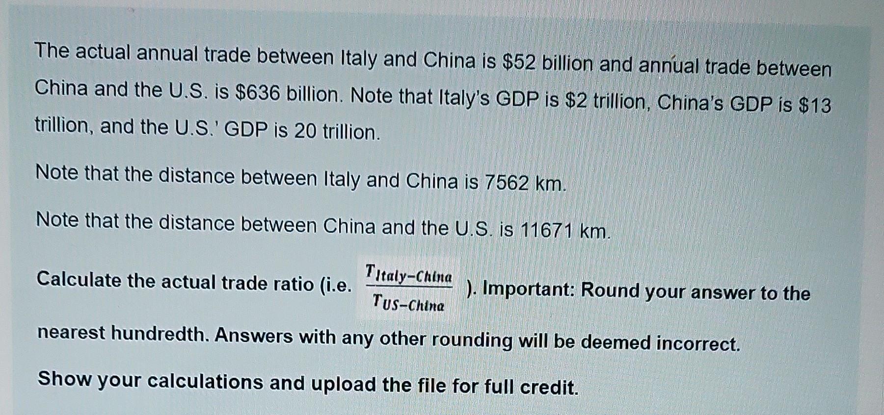 Solved The actual annual trade between Italy and China is | Chegg.com
