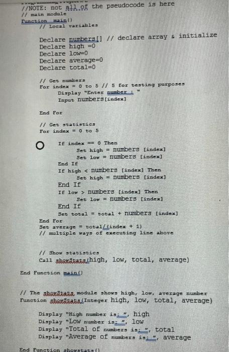 Solved /NOTE: not all of the pseudocode is here // main | Chegg.com