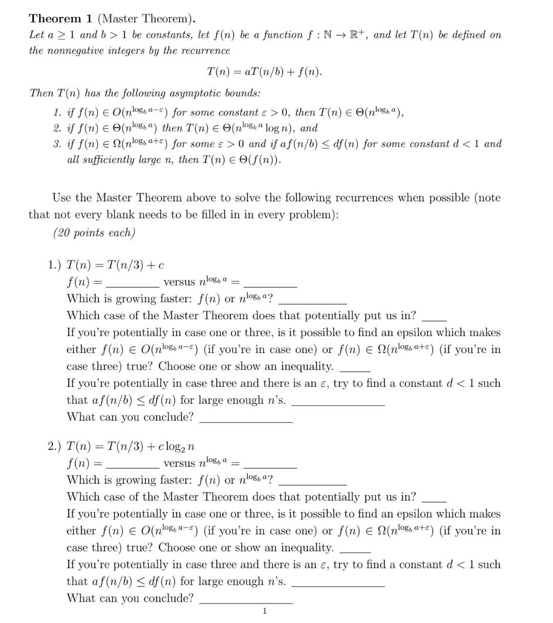 Solved Theorem 1 Master Theorem Let A≥1 And B1 Be
