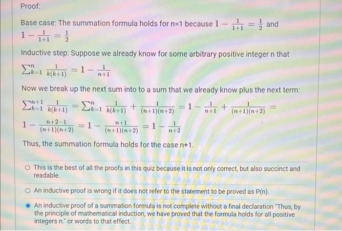 Solved Proof: 1+1 Base case: The summation formula holds for | Chegg.com