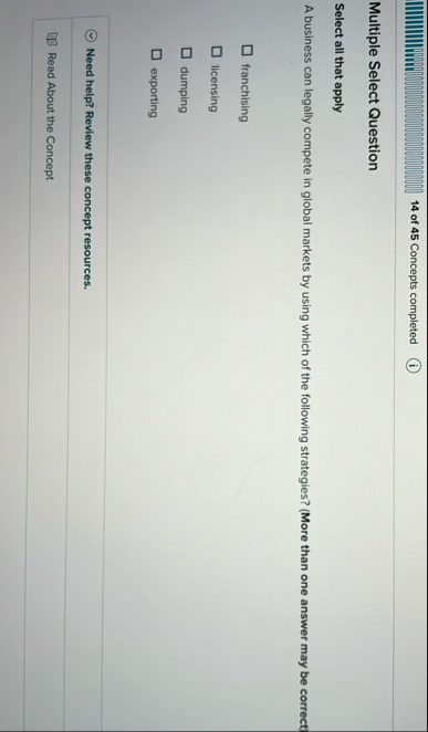Solved 14 ﻿of 45 ﻿Concepts completed(i)Multiple Select | Chegg.com