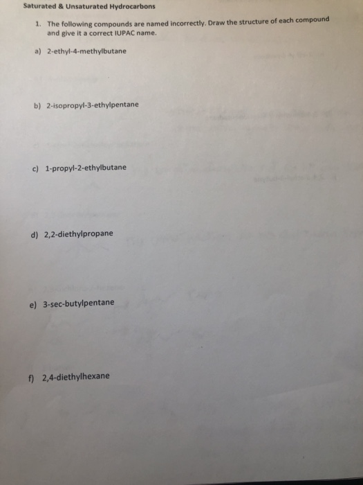 Solved Saturated & Unsaturated Hydrocarbons The following | Chegg.com
