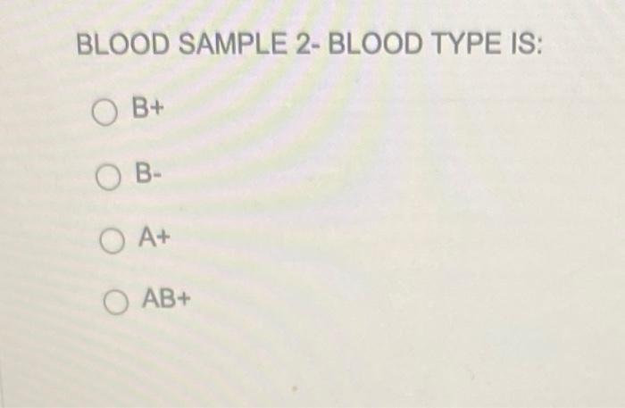 Solved BLOOD SAMPLE 2- BLOOD TYPE IS: B+ B- A+ AB+ | Chegg.com