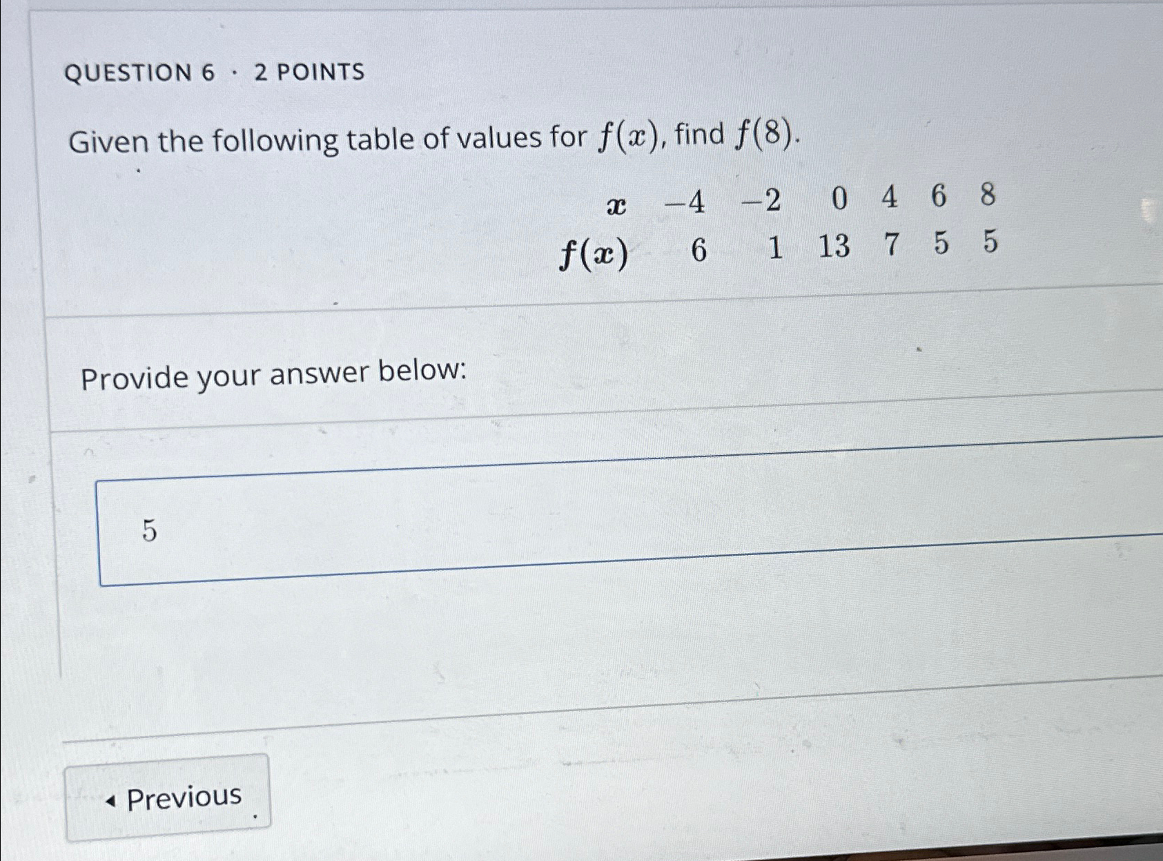 Solved QUESTION 6 - 2 ﻿POINTSGiven the following table of | Chegg.com