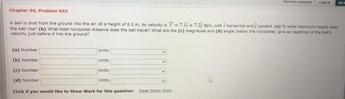 Solved PRINTER VERSION BACK Chapter 04, Problem 043 A ball | Chegg.com