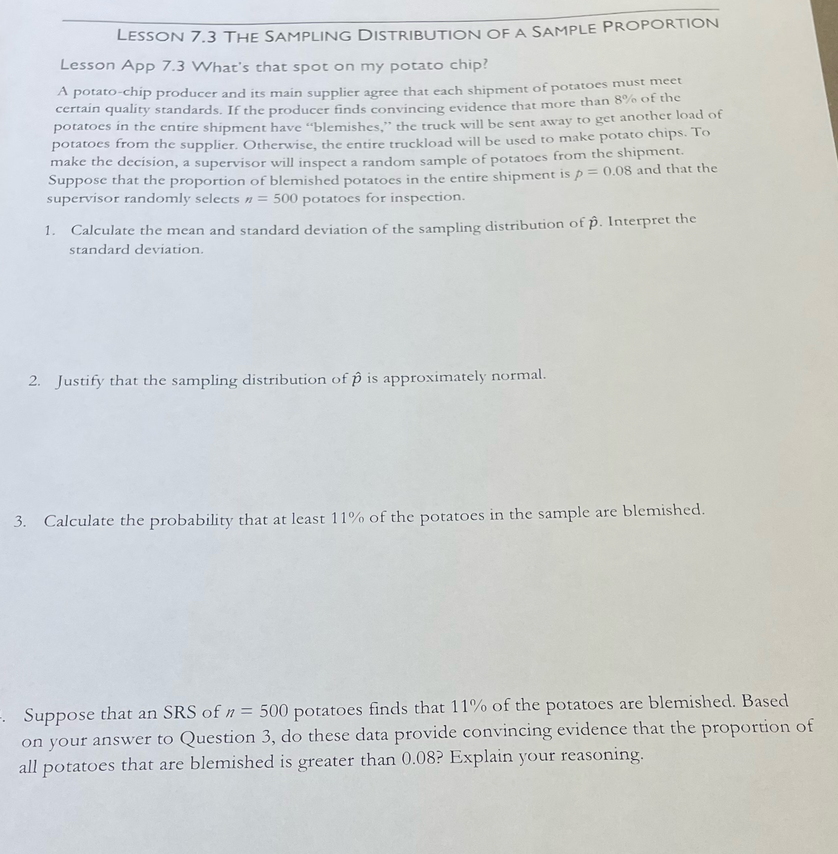Solved LESSON 7.3 ﻿THE SAMPLING DISTRIBUTION OF A SAMPLE | Chegg.com