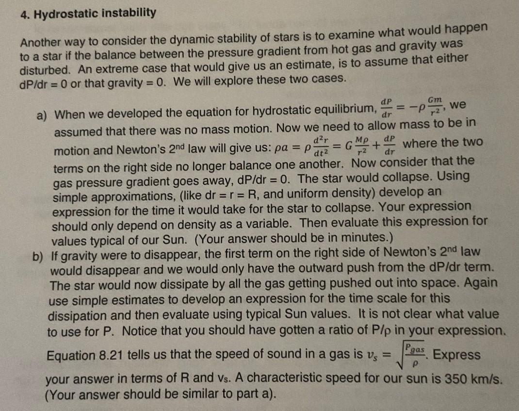 Solved 4. Hydrostatic instability Another way to consider | Chegg.com