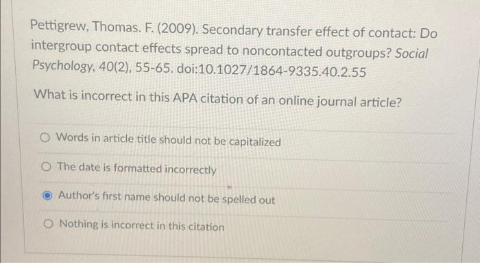 Pettigrew, Thomas. F. (2009). Secondary transfer | Chegg.com