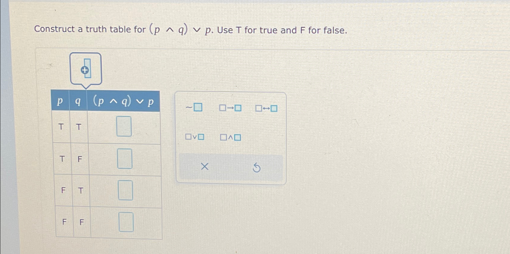 Construct a truth table for (p??q)vvp. ﻿Use T ﻿for | Chegg.com