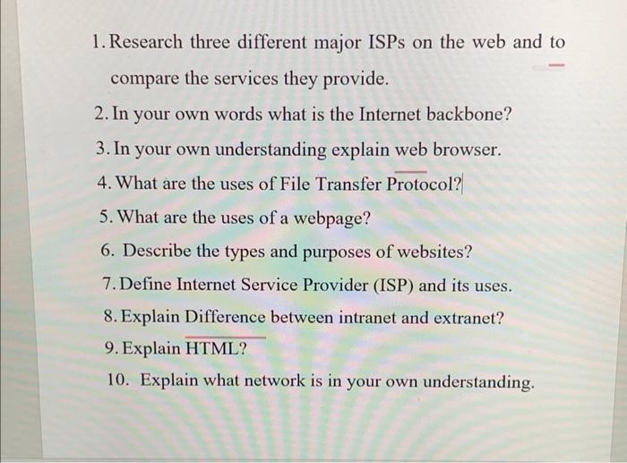 Solved 1. Research three different major ISPs on the web and | Chegg.com