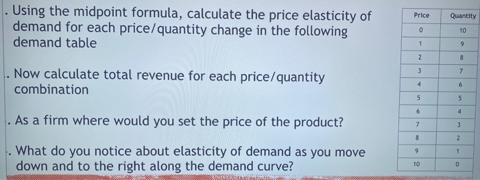 Solved Price Quantity Using the midpoint formula, calculate | Chegg.com
