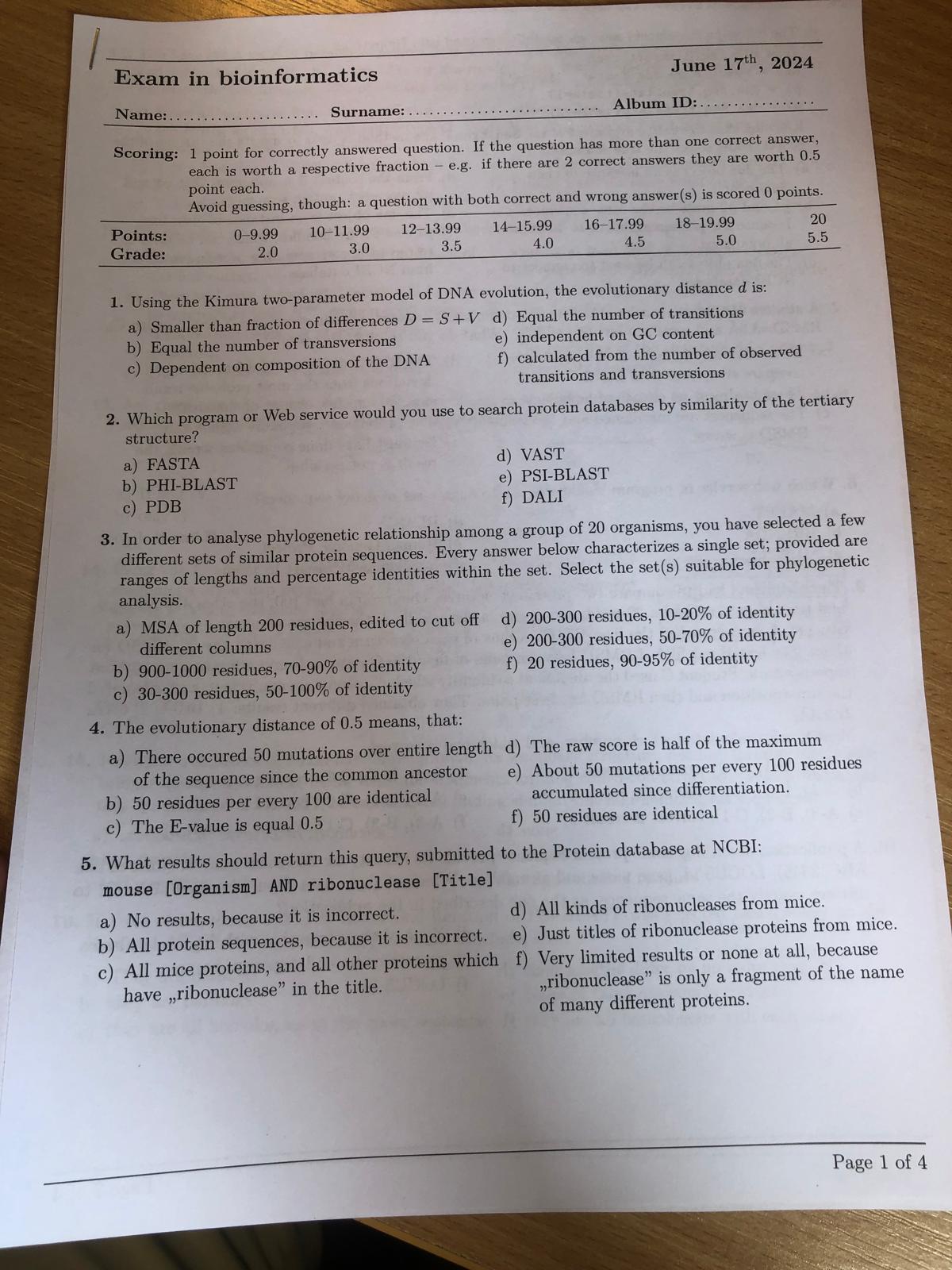 Solved Exam in bioinformaticsUsing the Kimura two-parameter | Chegg.com