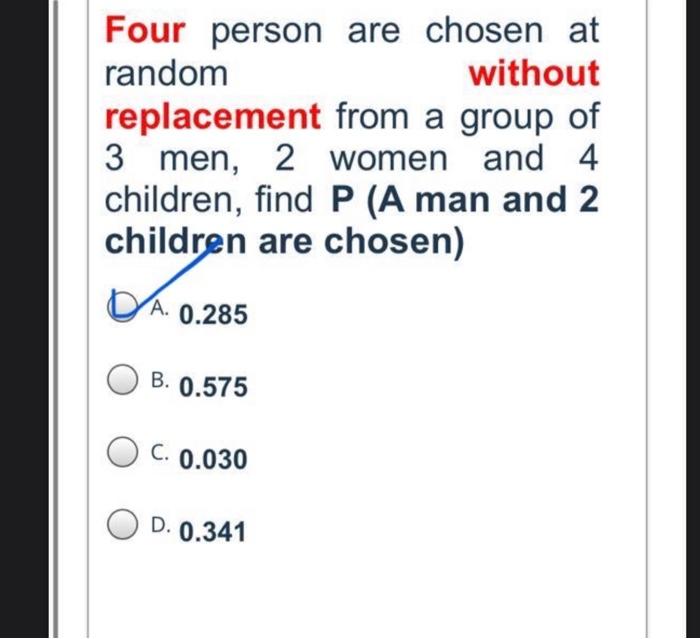 Solved Four person are chosen at random without replacement | Chegg.com