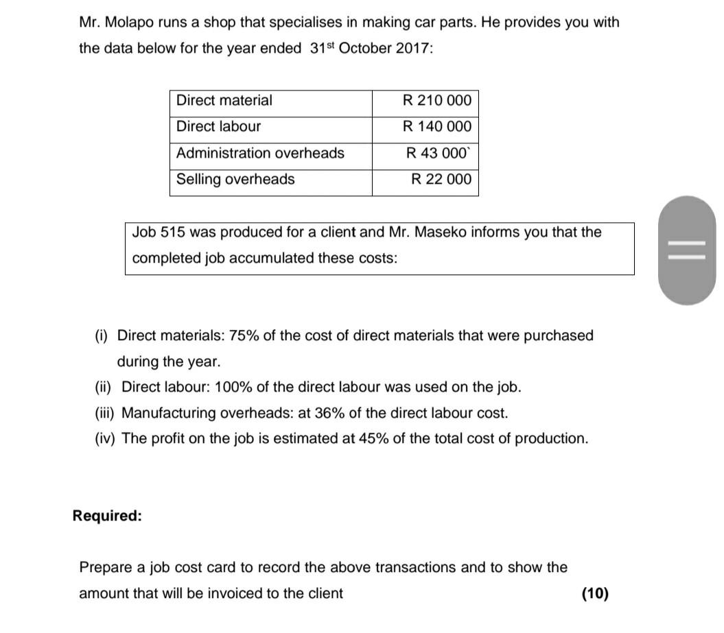 Solved Mr. Molapo runs a shop that specialises in making car | Chegg.com