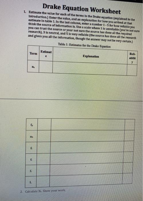 Solved Drake Equation Worksheet 1 Estimate the value for | Chegg.com