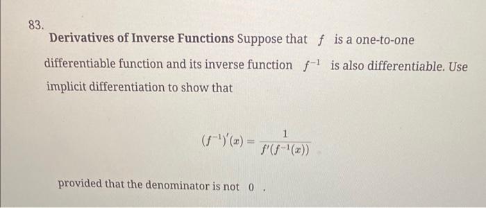 Solved 83. Derivatives of Inverse Functions Suppose that f | Chegg.com
