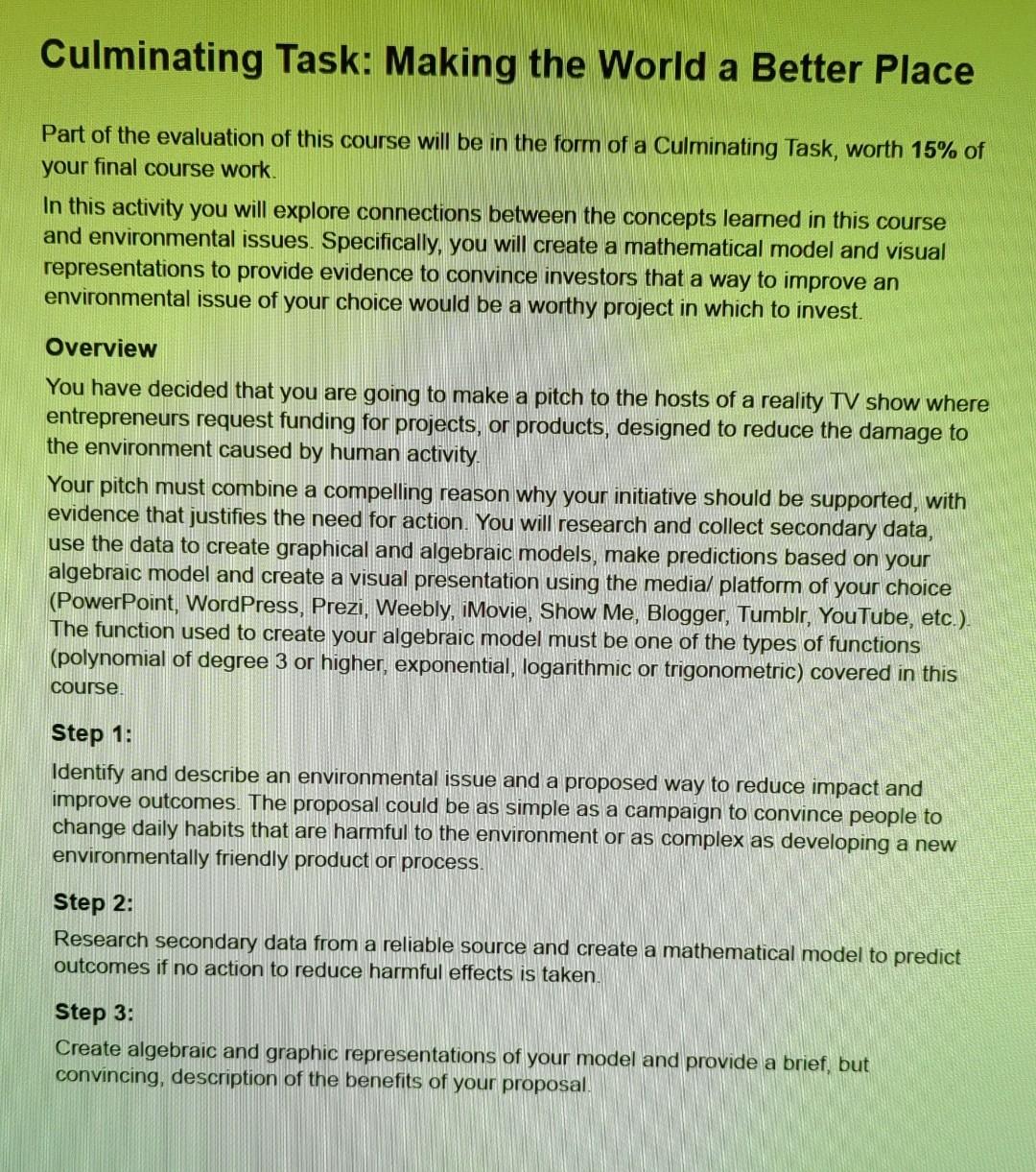 Solved Culminating Task: Making the World a Better Place | Chegg.com