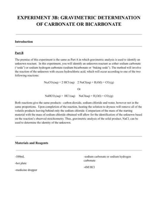 Solved EXPERIMENT 3A: GRAVIMETRIC ANALYSIS OF AN UNKNOWN | Chegg.com