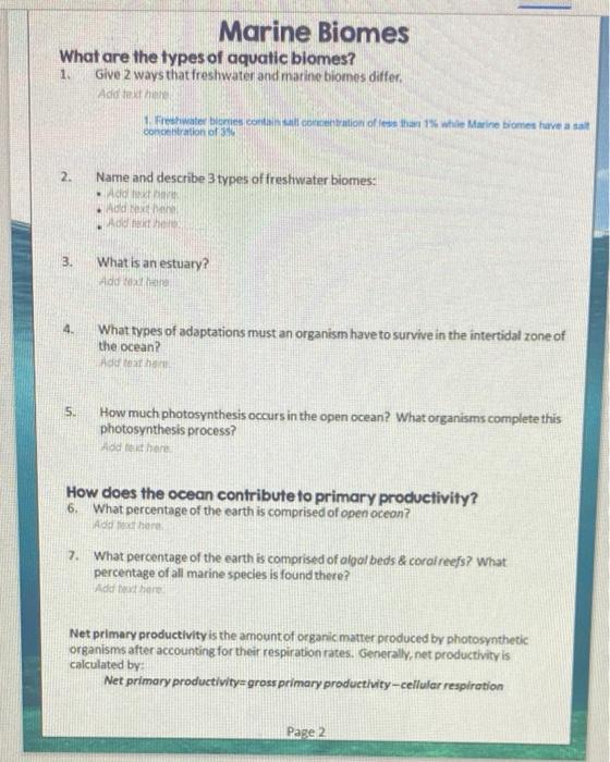 Solved Marine Biomes What are the types of aquatic biomes? | Chegg.com