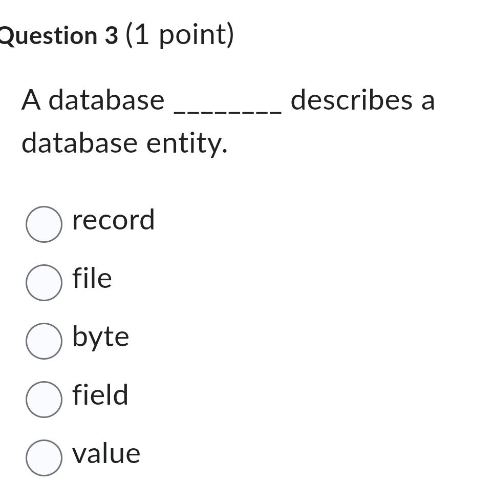 Solved Question 3 (1 ﻿point)A database describes a database | Chegg.com