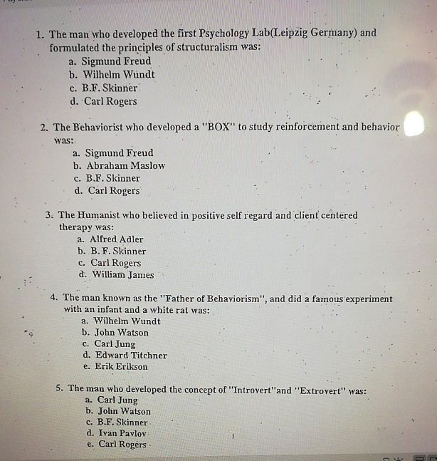 Solved 1. The man who developed the first Psychology | Chegg.com